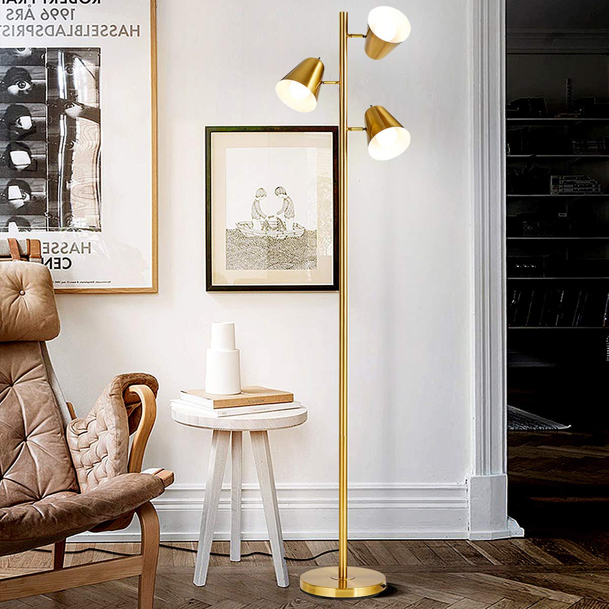 Tangkula 3-Light Floor Lamp, 64β Mid Century Modern Standing Tall Pole Lamp with 3 LED Bulbs and Adjustable Heads, Reading Light for Living Room Bedroom, 360 Lighting (Antique Brass)
