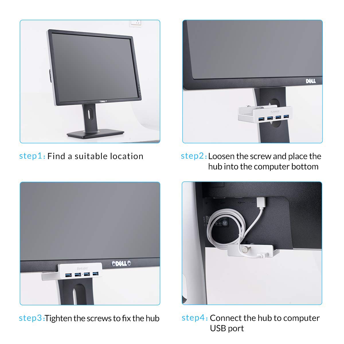 USB Hub 3.0 - Rekidm 4 Port Aluminum Desk USB Hub 3.0 Clamp Design for Desktop, Computer, PC, Table Edge with Durable Adjustable Clip, Space-saving Mountable USB Hub Fast Speed Transfer