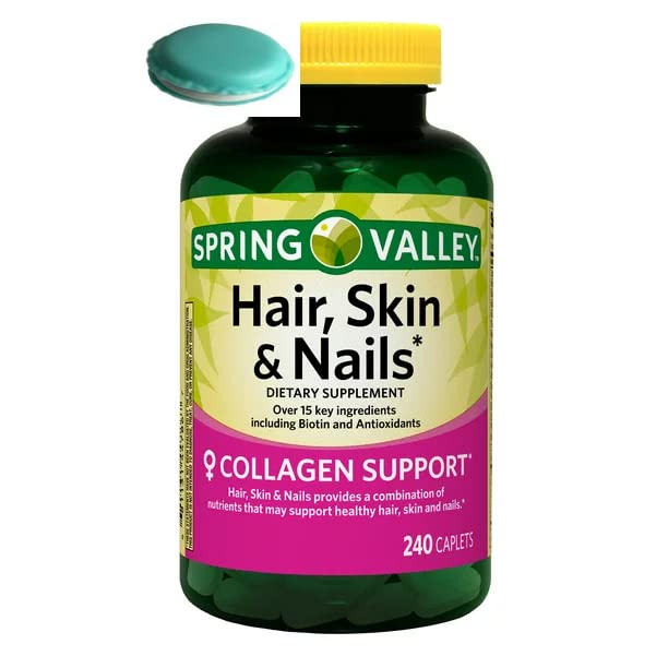 Spring Valley Hair, Skin & Nails Caplets Dietary Supplement, 240 Count + 1 Mini Pill Container (Color Varies)