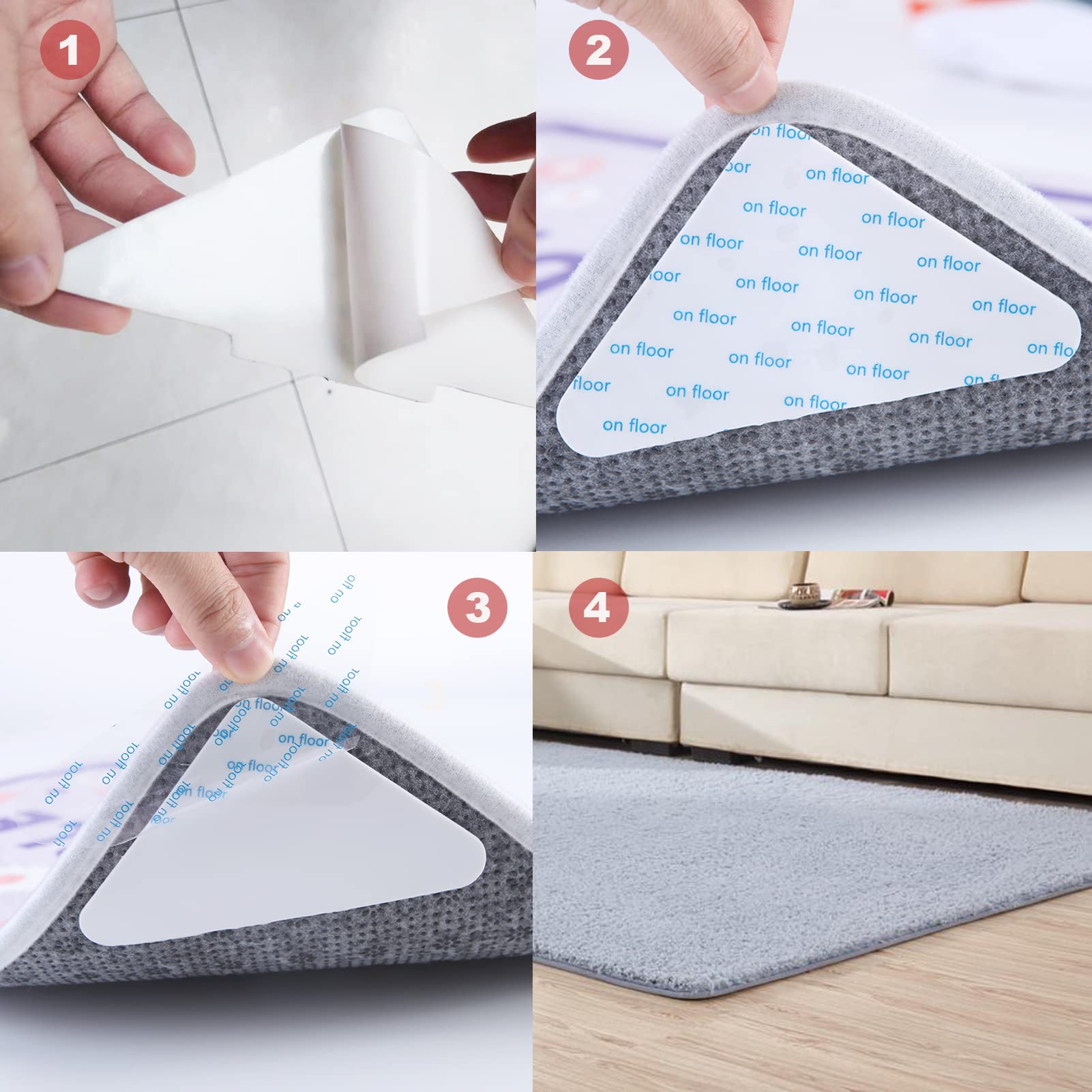 Rug Gripper Tape for Hardwood Floors and Tiles,8 PCS Non- Slip Rug Pads Double Sided Carpet Tape Rug Corner Grippers for Area Rugs Washable Reusable Runner Rug Sticky Pad(White)