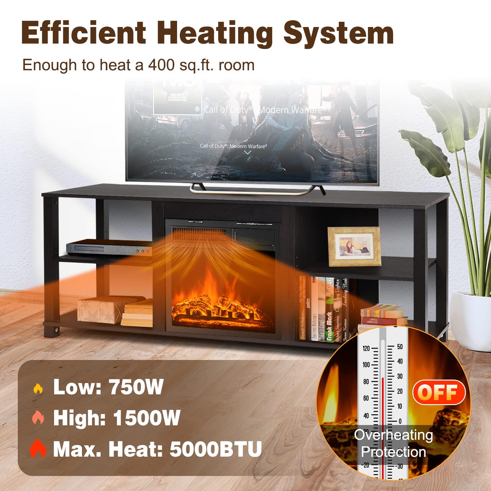 Tangkula Fireplace TV Stand for 65 inches TV, with 18 inches 1500W Recessed Electric Fireplace with 7 Flame Setting & Remote Control,Faux Fireplace TV Stand
