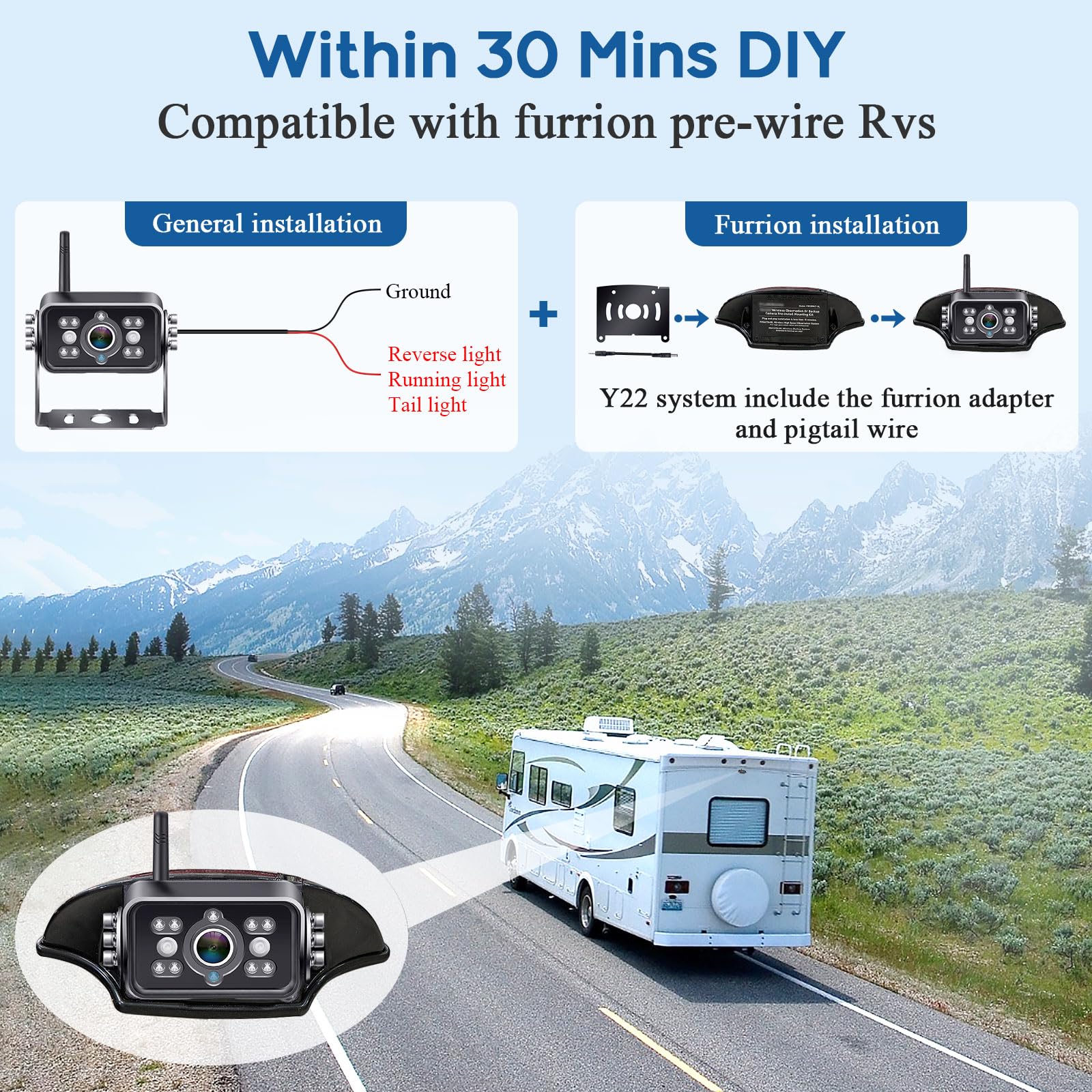 Yakry RV Backup Camera Wireless System - 7'' HD Reverse Camera for Truck with DVR Monitor -Bluetooth Trailer Back up Camera with Night Vision Waterproof -Rear View Camera for Furrion Pre-Wired RVs Y22