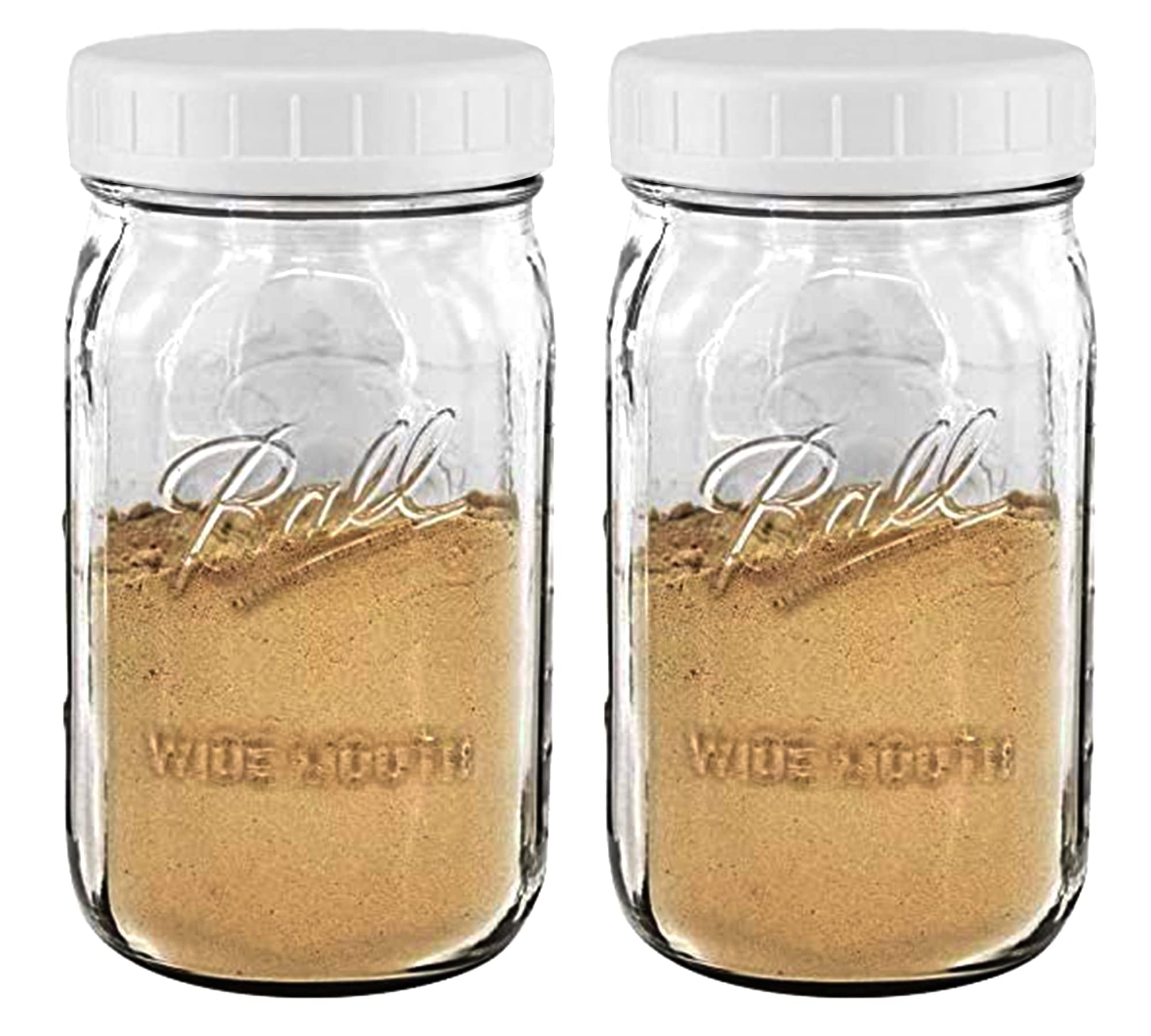 Wide Mouth Mason Jars 32 oz - (2 Pack) - Ball Wide Mouth 32-Ounces Quart Mason Jars with White M.E.M Food Storage Plastic Lids, Caps Fit Ball and Kerr Wide Mouth - For Storage, Freezing, Leak Proof,