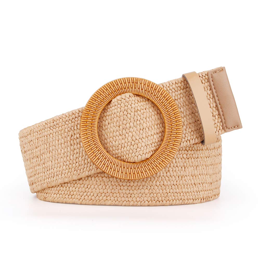 Women Belts For Dresses, Elastic Straw Rattan Waist Band With Large Buckle