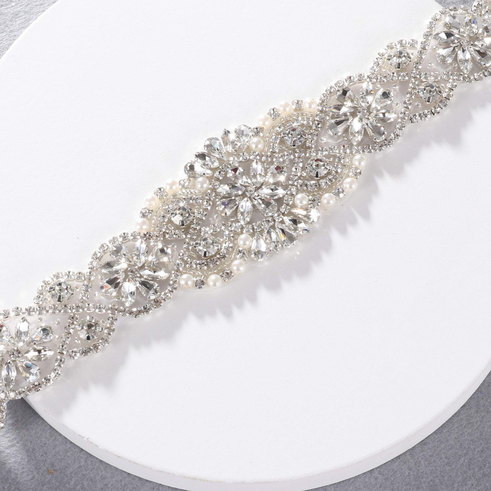 yanstar Bridal Rhinestone Wedding Belts Hand Clear Crystal 22In Length with Ivory Organza Ribbon for Bridal Gowns