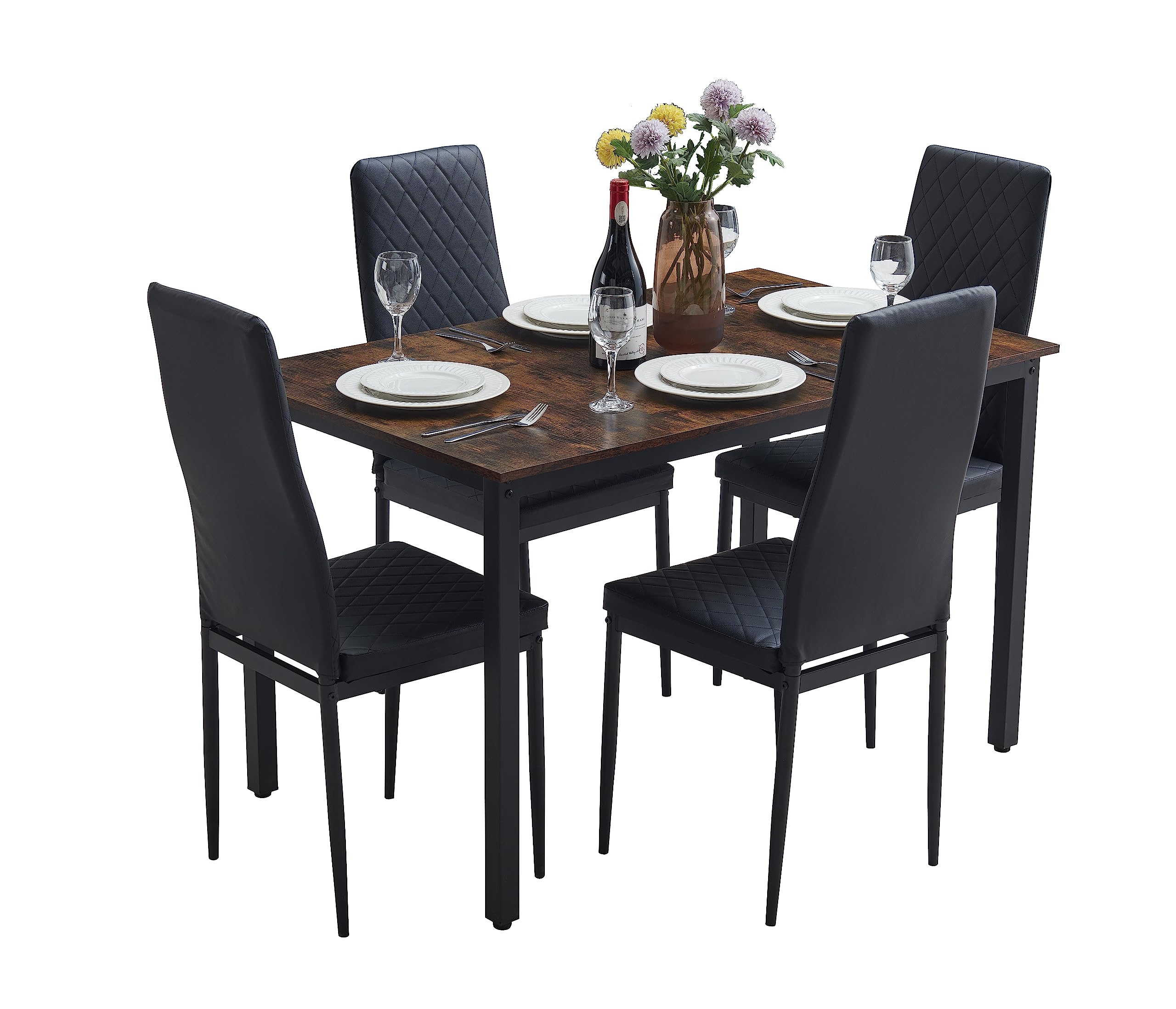 VITOVMA Kitchen & Dining Table Set for 4, MDF Dining Room Table with 4 PU Leather Chairs, Sturdy and Space Saving for Apartment (Dining Table Set)