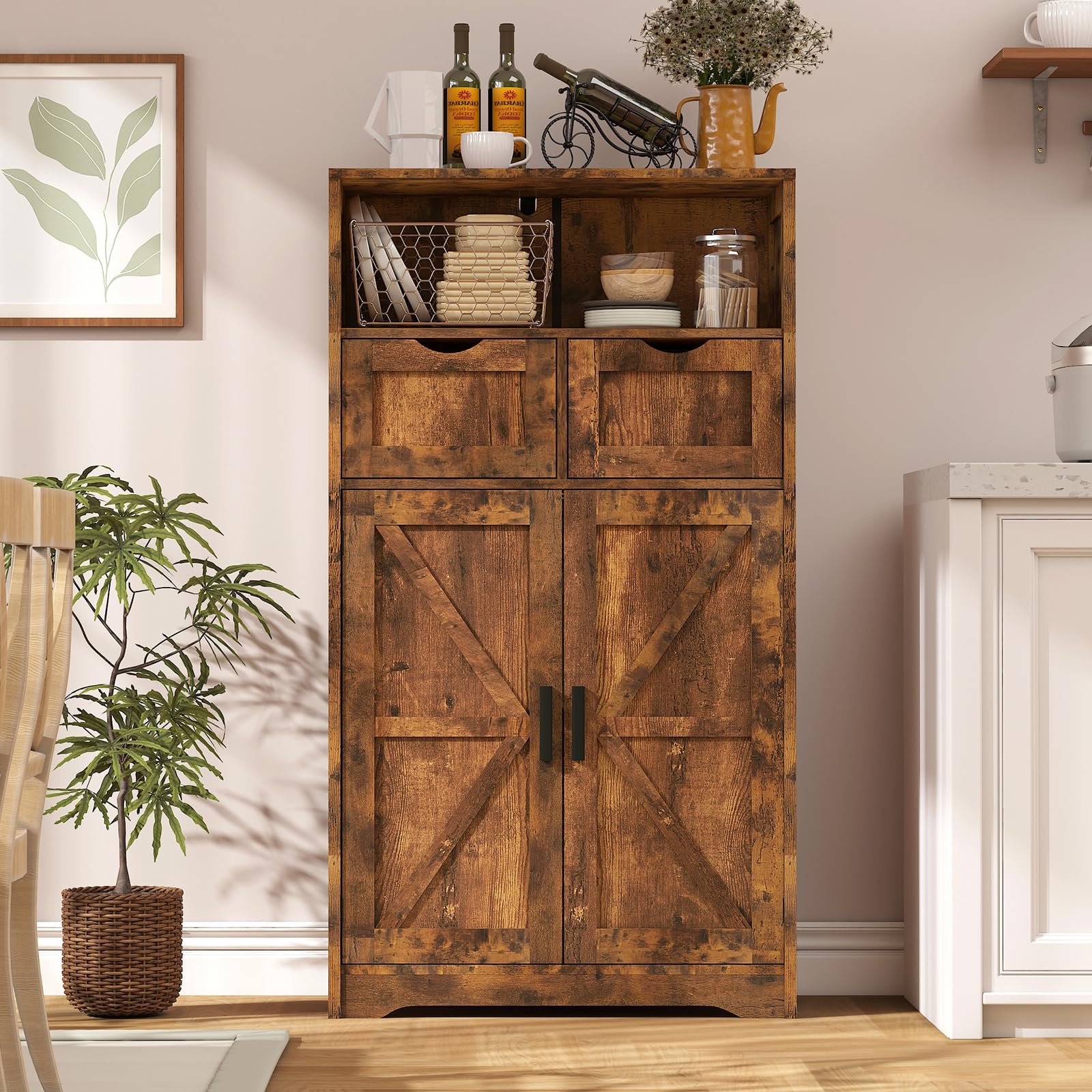 WEENFON Storage Cabinet with 2 Adjustable Drawers & 2 Barn Doors, Floor Cabinet, Freestanding Cupboard with Adjustable Shelf, for Living Room, Home Office, Kitchen, Rustic Brown