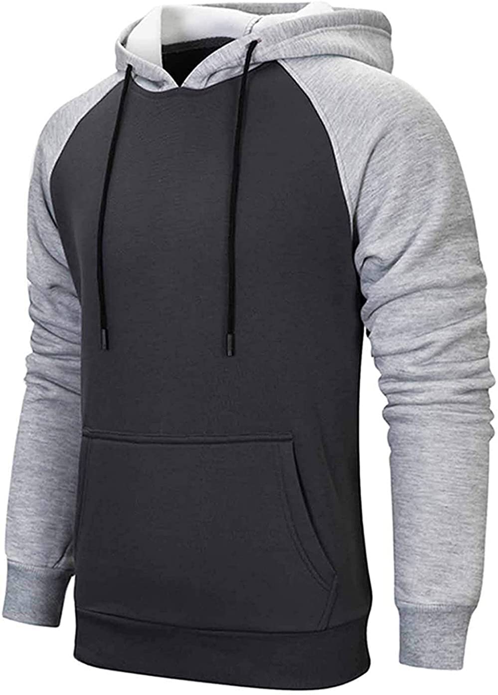 Wielsscca Mens Hoodies Patchwork Pullover Color Block Sweatshirts Casual Drawstring Tops with Pocket Dark Gray L