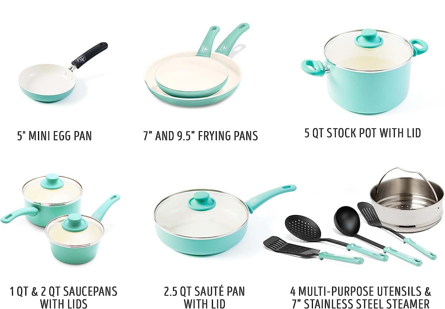 Soft Grip Healthy Ceramic Nonstick Cookware Set: 16-Piece Kitchen Pots and Frying Sauce Pans Set - PFAS-Free, Dishwasher Safe, and Turquoise Elegance!