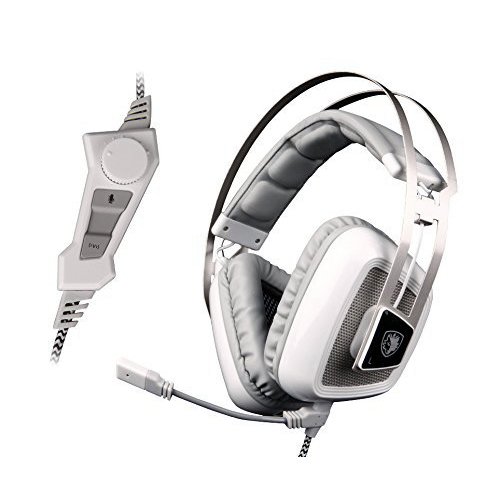 SADES A8S USB Gaming Headset 7.1 Channel Virtual Surround Stereo Wired PC Gaming Headset Over Ear Headphones with Mic Revolution Volume Control Noise Canceling LED Light (White)