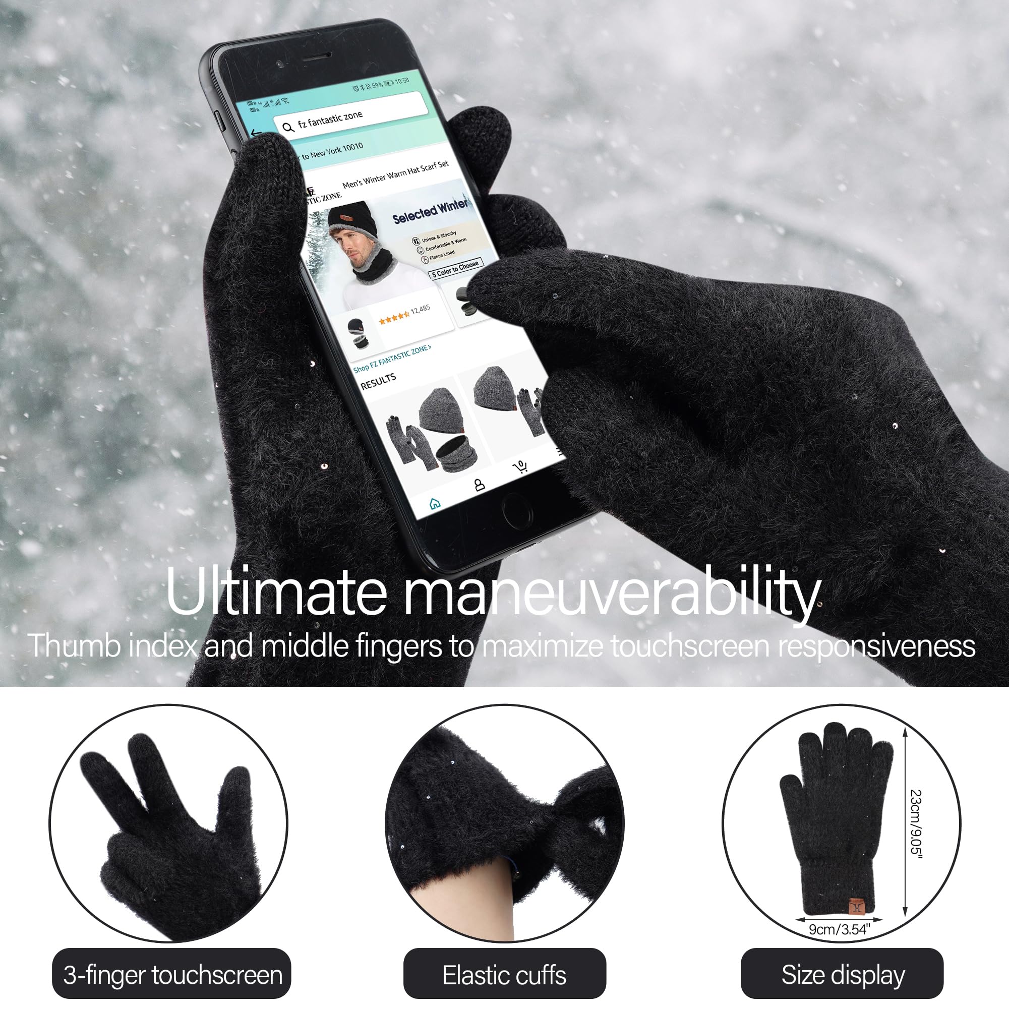 Womens Winter Warm Knit Beanie Hats and Touchscreen Gloves Long Scarf Sets with Sequins Thick Fleece Lined