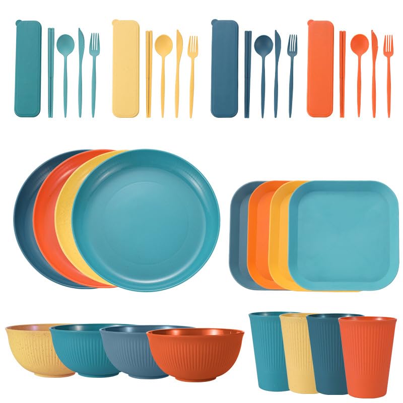 Wheat Straw Dinnerware Sets Service for 4, 36PCS Unbreakable Plastic Kids Plates and Bowls Sets, Family Cutlery Picnic Utensil Set Microwave Safe, Colorful Lightweight Bowl Sets