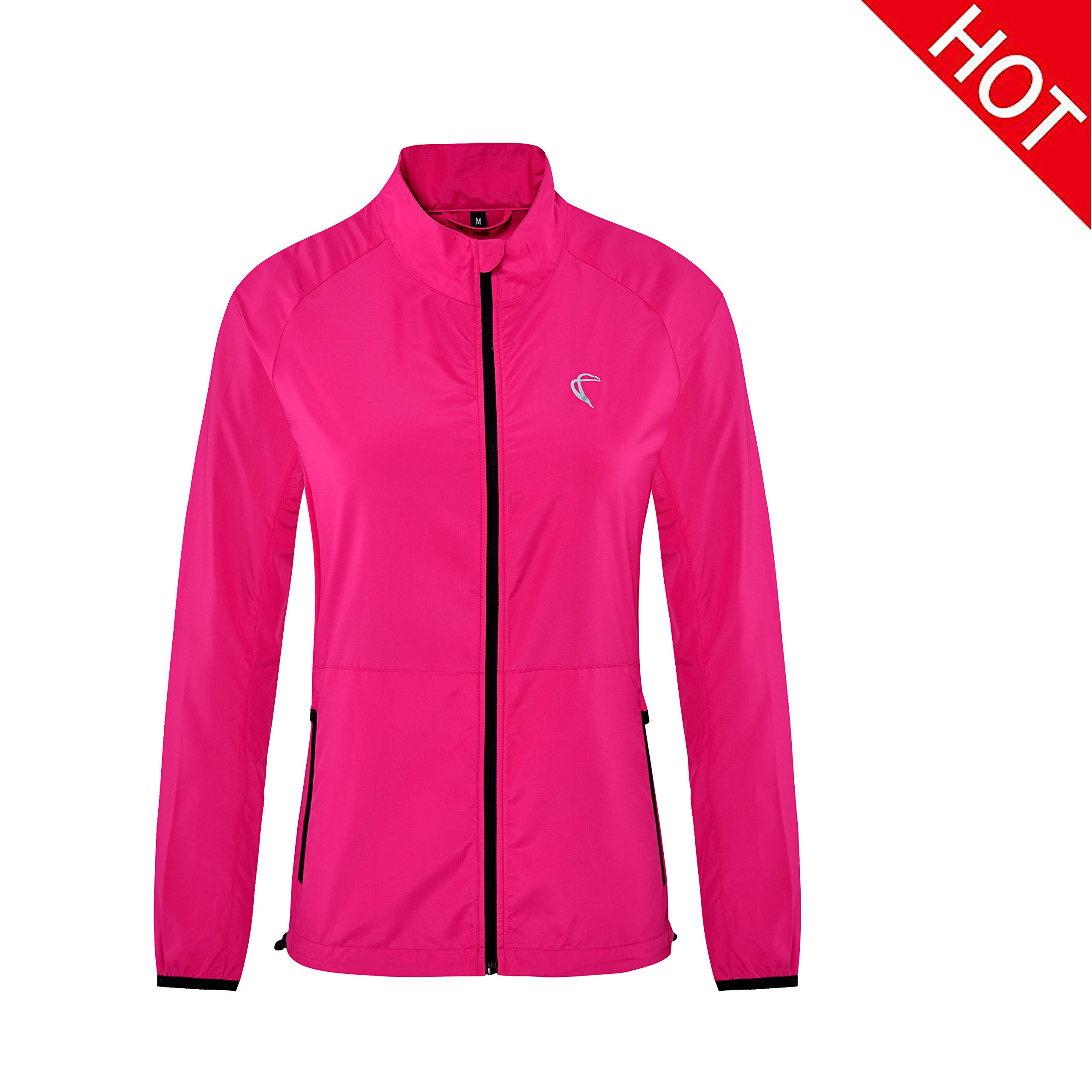 Women's Packable Windbreaker Jacket, Lightweight and Water Resistant, Active Cycling Running Skin Coat, Rose Red L