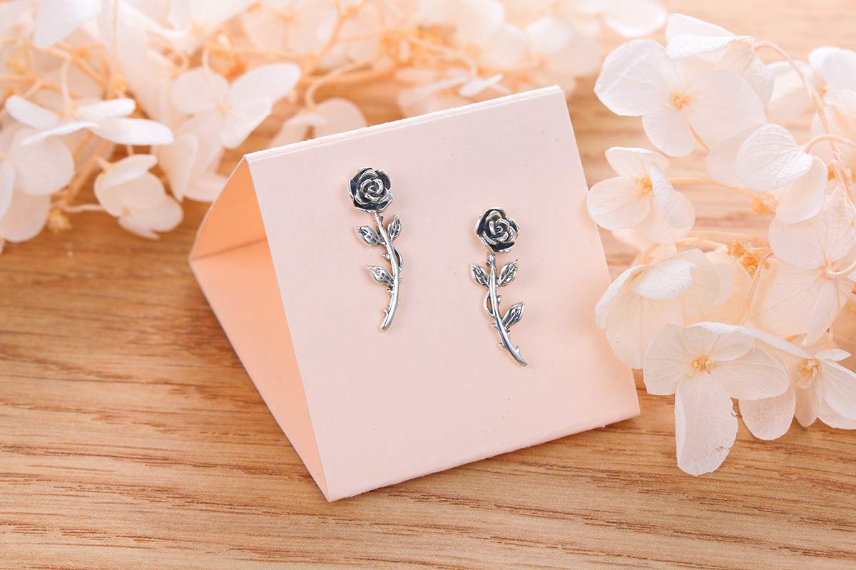 S925 Sterling Silver Rose Flower Clip Stud Ear Cuffs Crawler Climber Earrings for Women Teen
