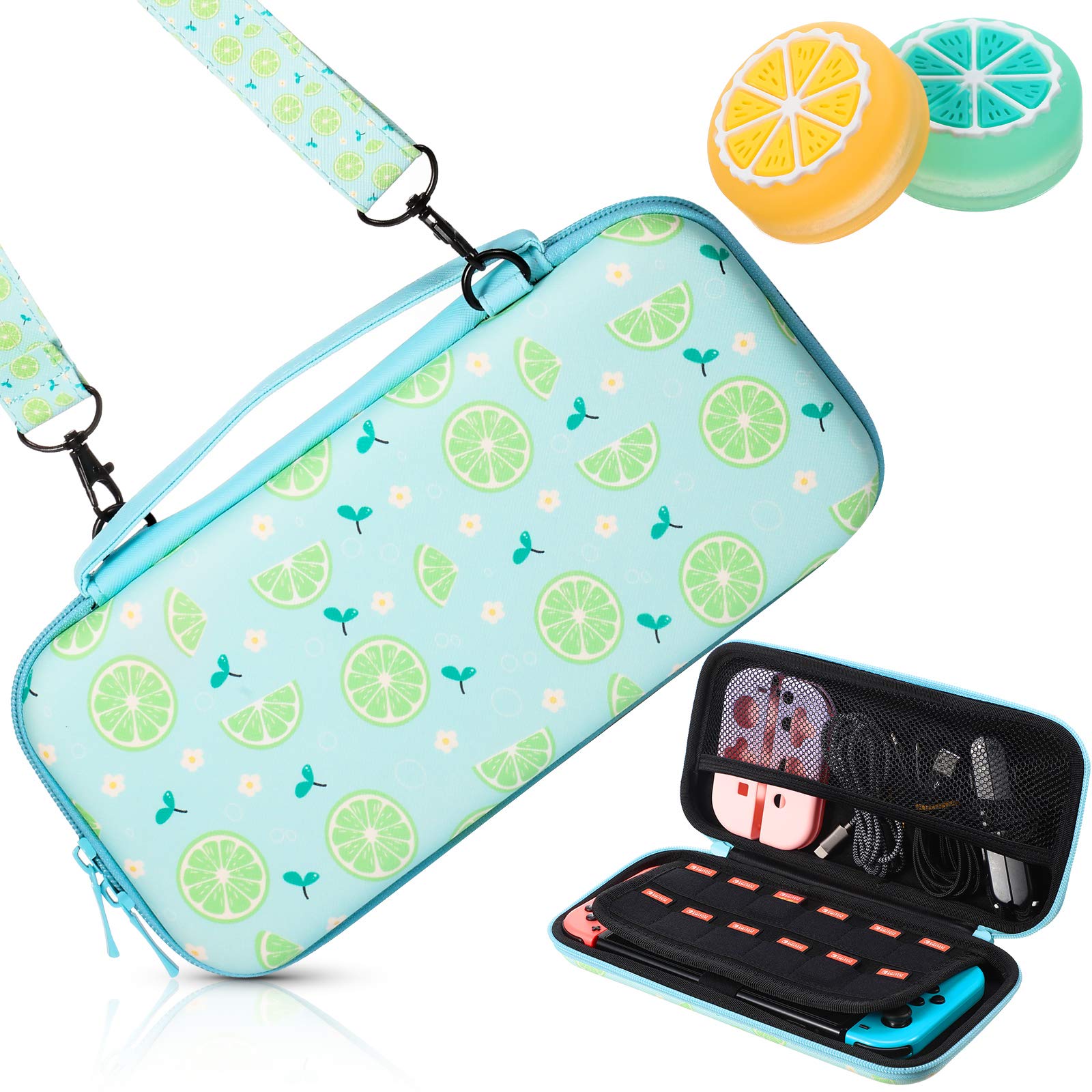 Weewooday Green Lemon Patterns Portable Carrying Case Hard Protective Travel Case with 2 Pieces Thumb Grip Covers Shell Pouch Compatible with Nintendo Switch Accessories
