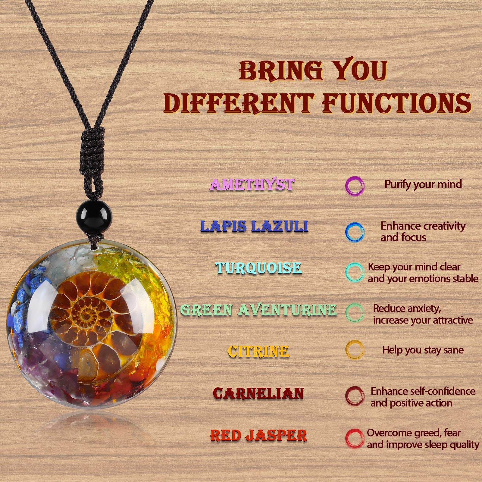 Yaomiao 2 Pieces 7 Chakra Stone Reki Healing Crystal Energy Pendant Gemstone Amethyst Resin Ammonites Spiral Necklace