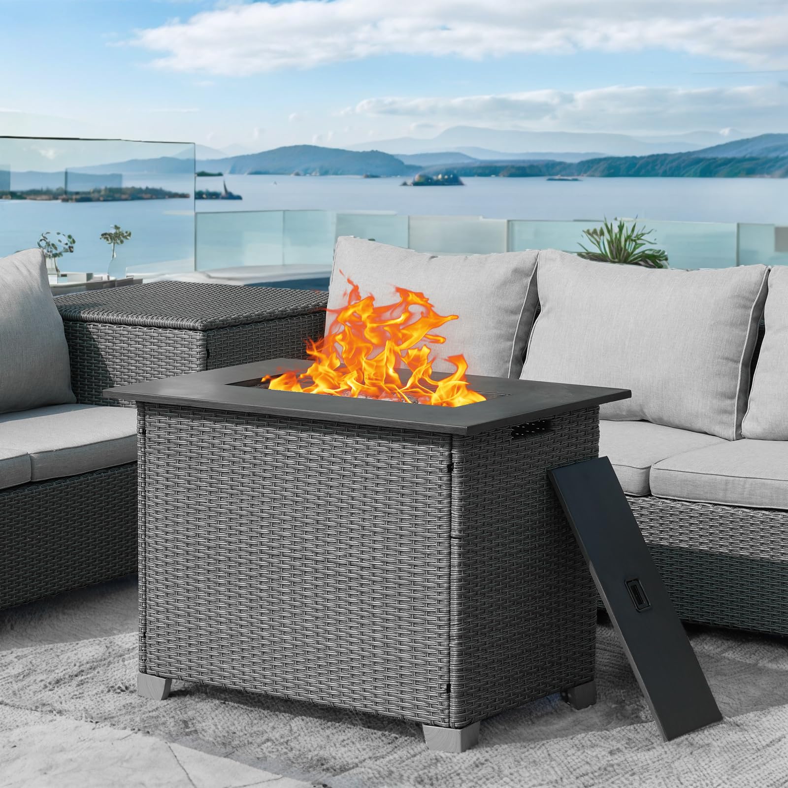Yangming 7 Piece Patio Furniture Gas Sectional Sofa Sets with Fire Pit Table and Outdoor Storage Box for Backyard Garden Poolside, Gray
