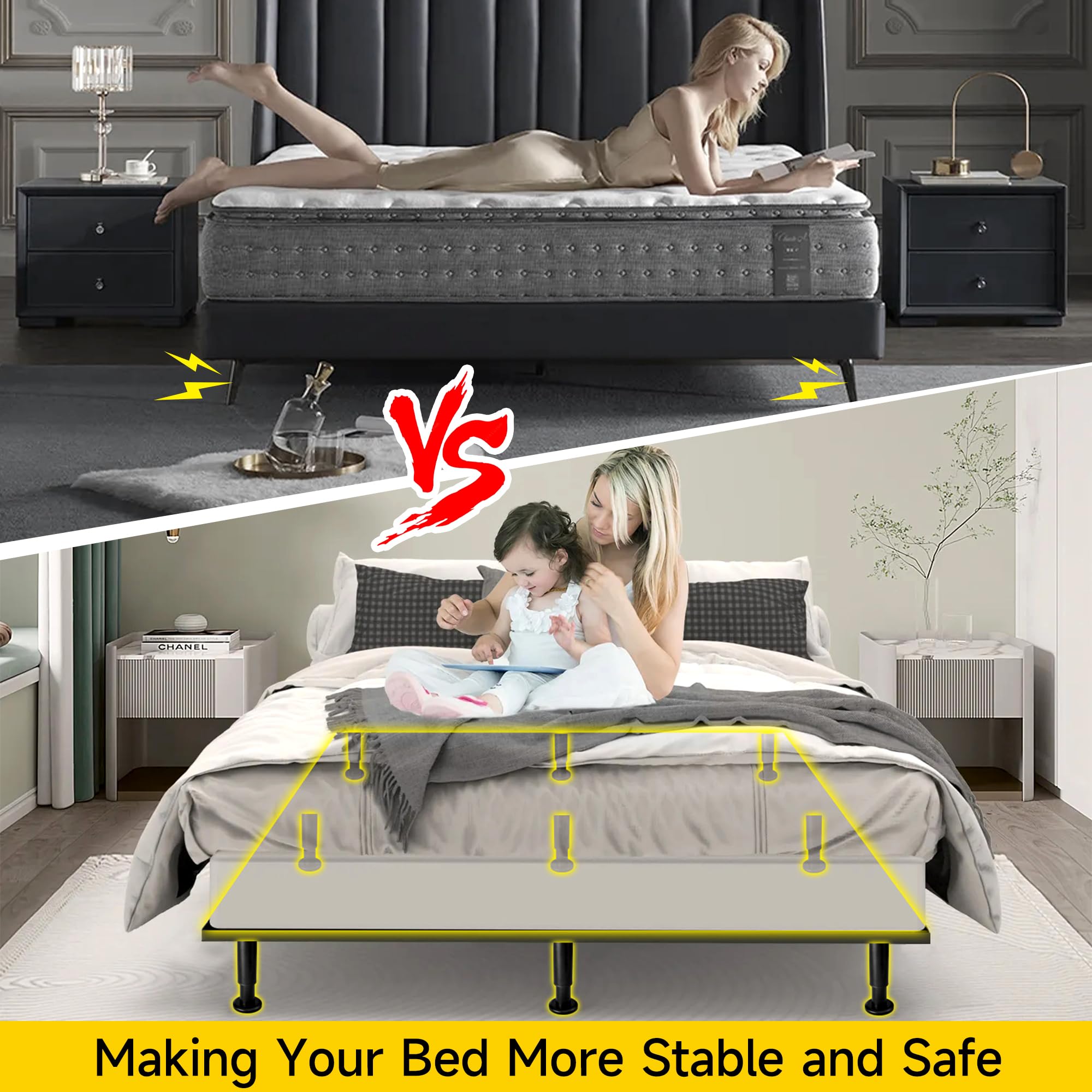 ZhouDaShu Adjustable Height Bed Frame Center Support Legs with Wider Base,Bed Support Legs Replacement for Metal/Wood Slats,Bed Reinforcement Kit,Height from 10" to 16.5",Black-4 Pcs