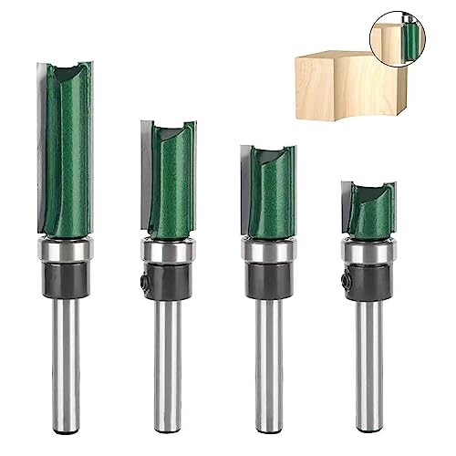 TOTOWOOD Top Bearing Flush Trim Router Bit , 4 Pcs Pattern Flush Trim Router Bit Set,1/4 Inch Shank,Cutting Height in 15/32”, 3/4”, 1”, 1-1/2”,Flush Trim Cut Router Bits (Pattern Flush Trim)