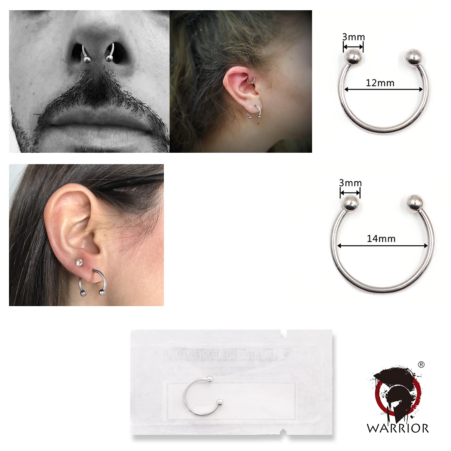 WARRIOR Piercing Horseshoe Surgical Steel 316L Circular/Curved Barbell 8 mm for Septum Earring Nose Body Piercing 16G(1.2mm) with Two 3mm Balls PYS-001