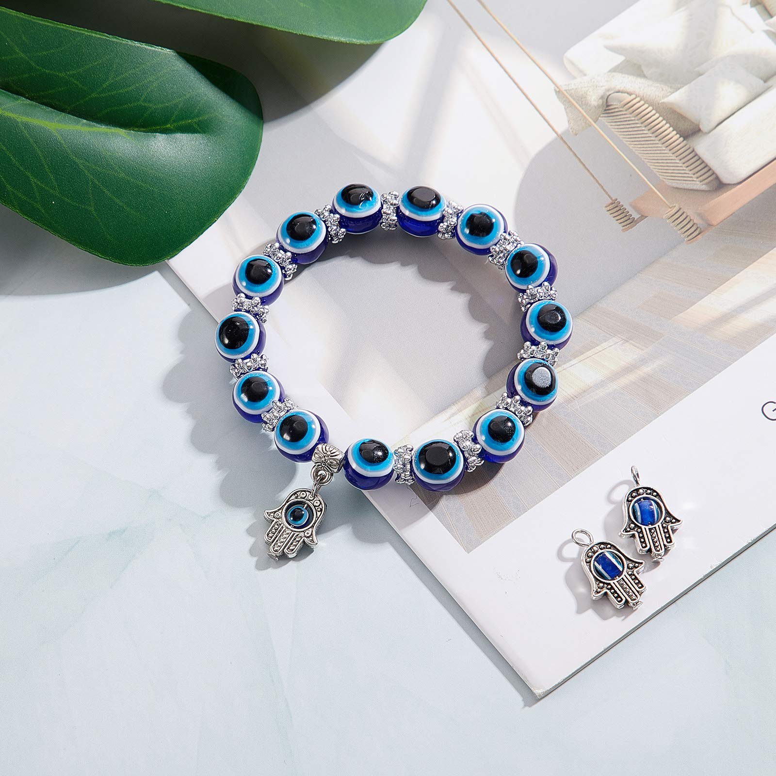 Yaomiao 6 Pieces Evil Eye Bracelet Hamsa Blue Beaded Charm Stretch Bracelet Hand of Fatima Turkish Lucky Evil Eye Bracelet for Protection and Blessing