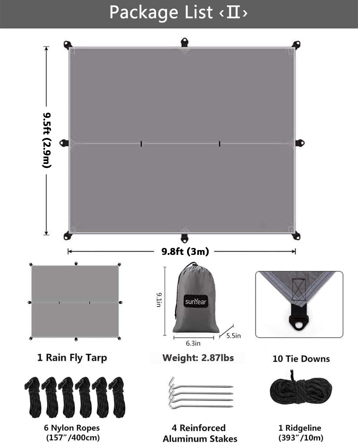 Sunyear Hammock Camping with Rain Fly Tarp and Net, Portable Camping Hammock Double Tree Hammock Outdoor Indoor Backpacking Travel & Survival, 2 Tree Straps,100% Waterproof, Black