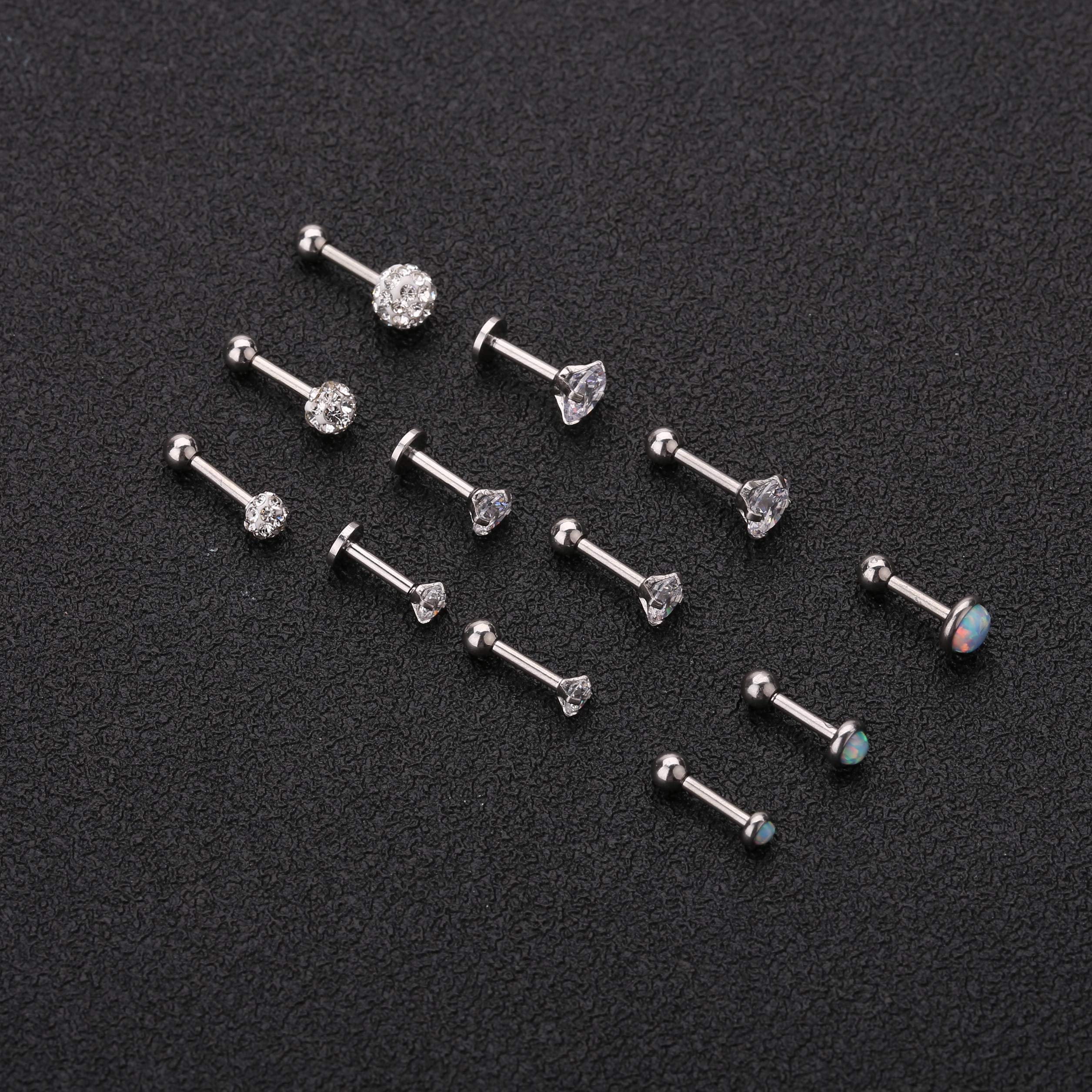 YOVORO 12Pcs 16G 316L Stainless Steel Stud Earrings for Women Cartiliage Earring Tragus Helix Piercing Created-Opal 3/4/5MM