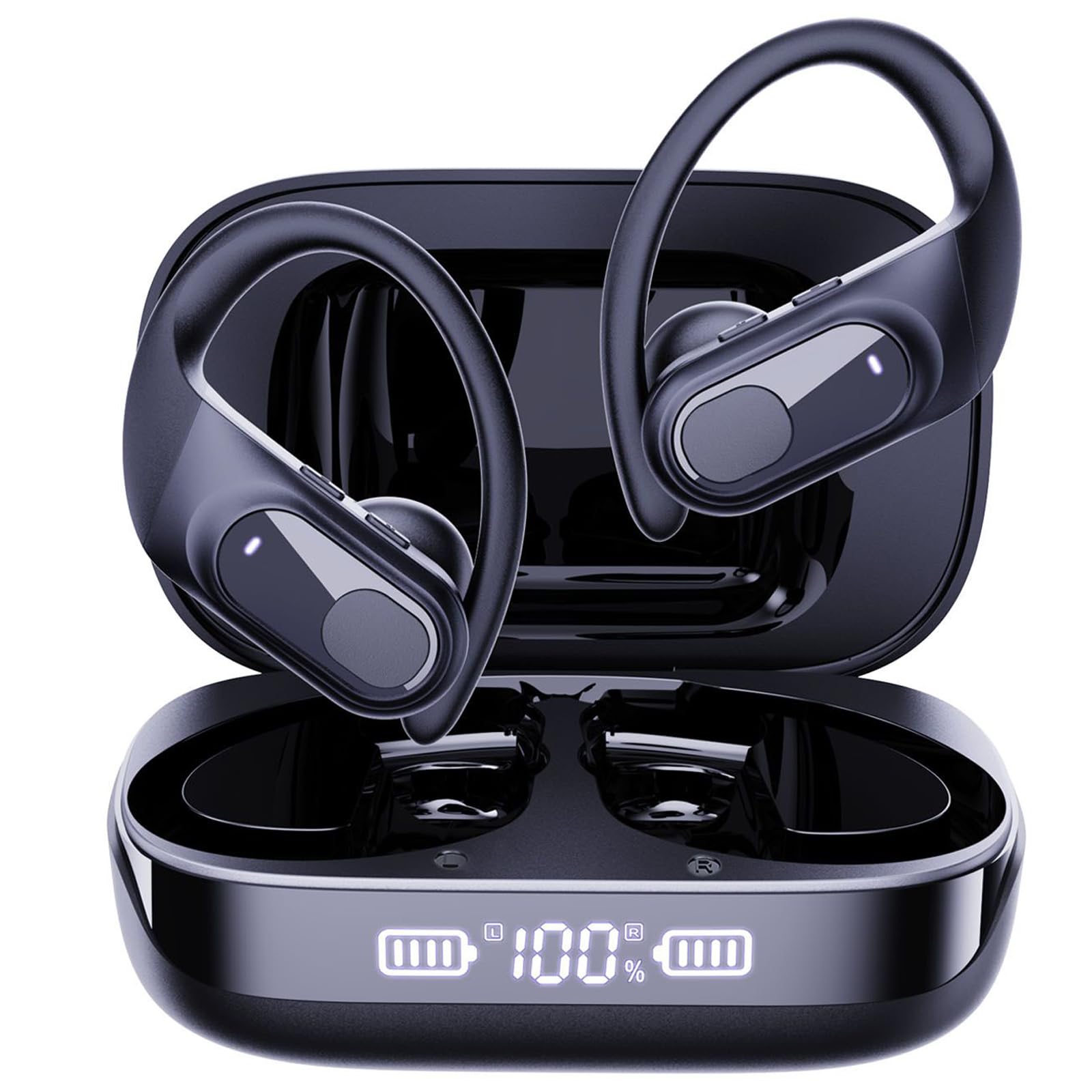 Wireless Earbuds Bluetooth 50 Hours Playtime Wireless Headphones Bluetooth 5.3 Ear Buds with Earhooks Mic LED Digital Display Charging Case in Over Ear Earphones Running Sport Earbuds Titanium black