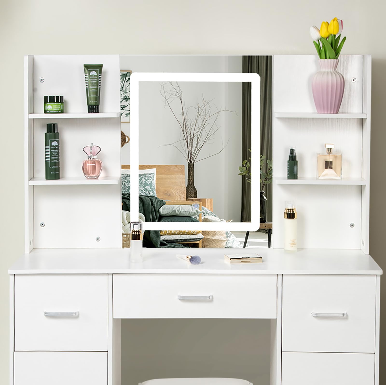 White Vanity Desk with Mirror and Lights, Makeup Vanity with Lights and Drawers, Modern Vanity Set with Stool & Storage Shelves, Dressing Table Bedroom Furniture, White