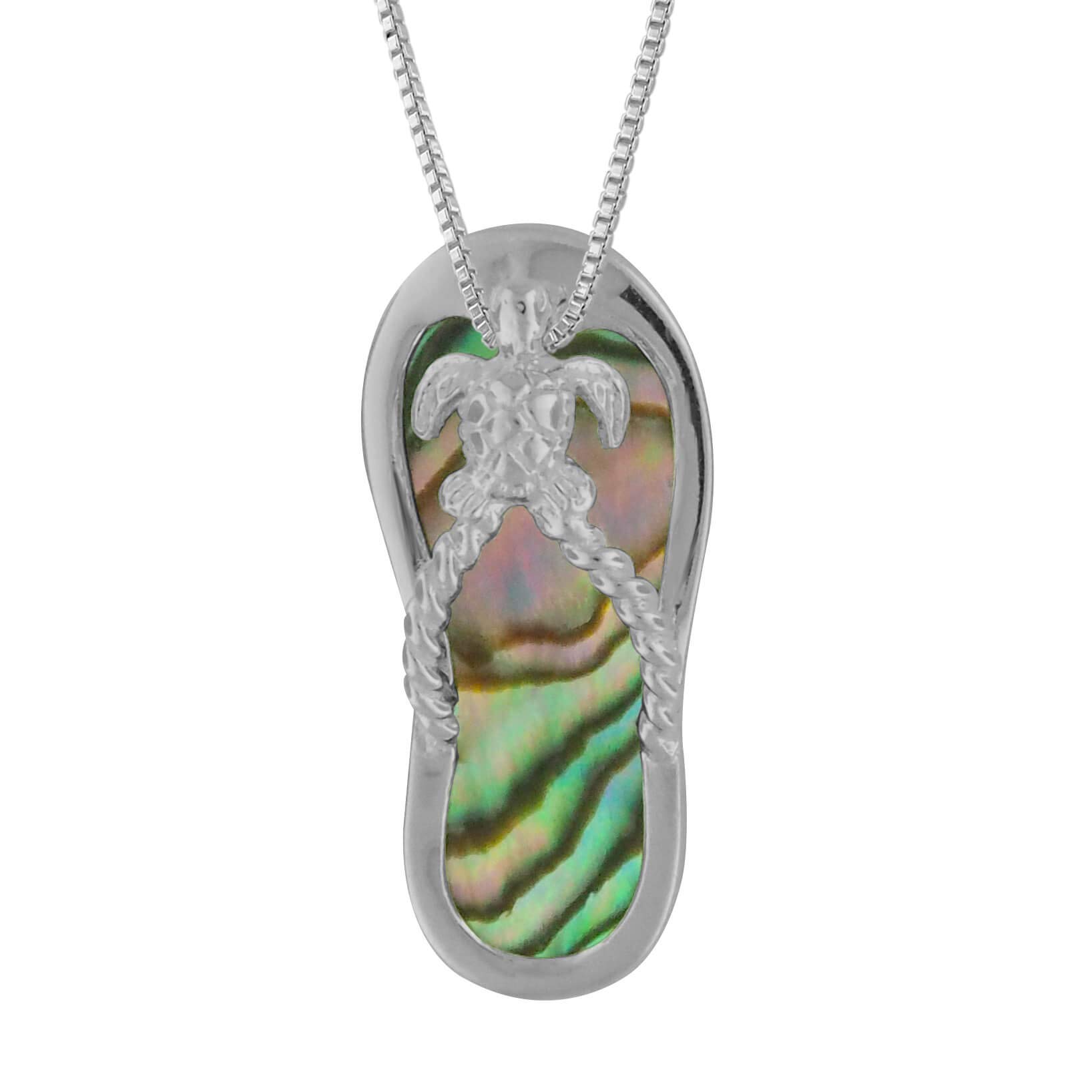 Sterling Silver Abalone Shell Slipper Flip Flop Pendant Necklace, 16+2" Extender