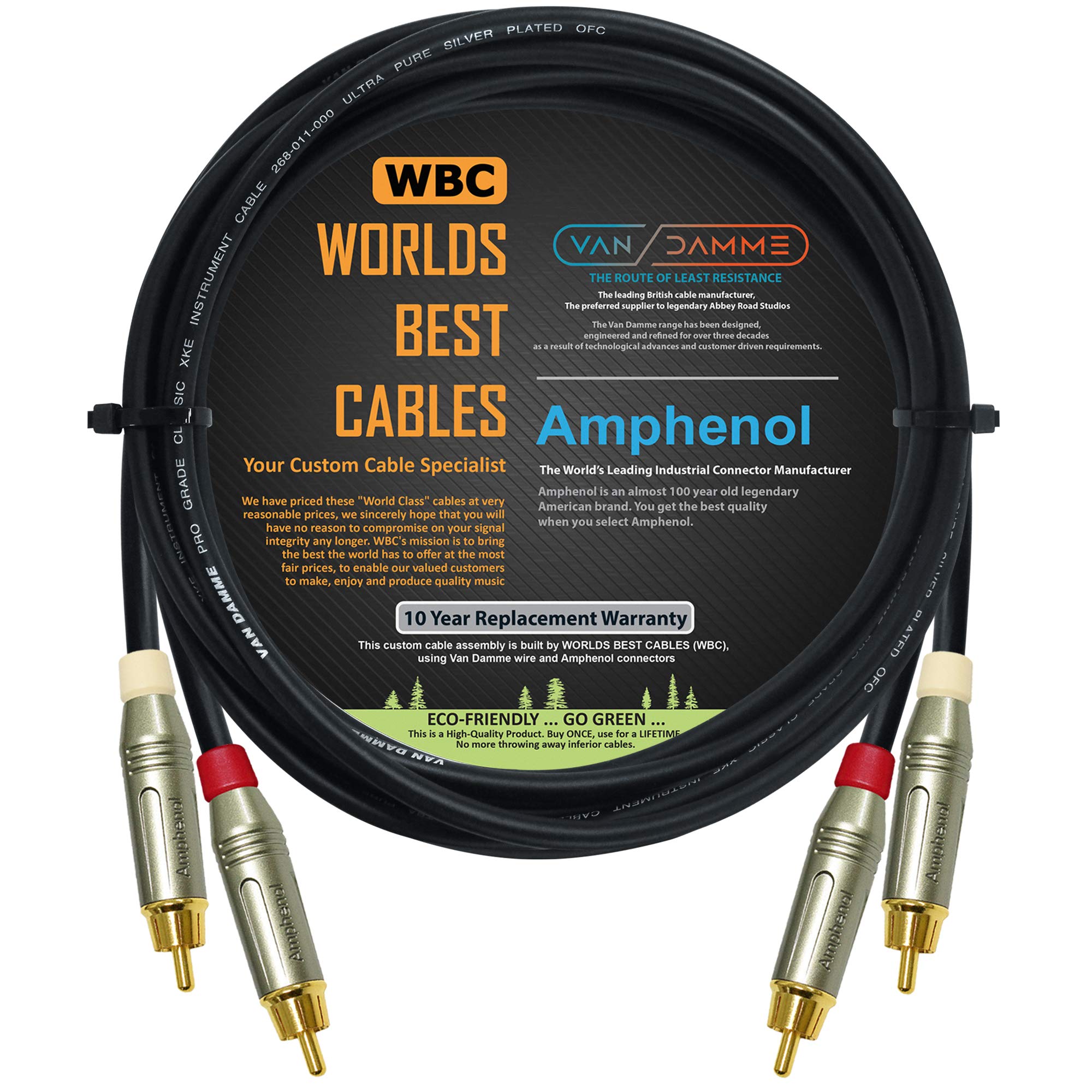 WORLDS BEST CABLES 15 Foot - RCA Cable Pair CUSTOM MADE made using Van Damme Pro Grade Classic XKE Instrument (Jet Black) wire & Amphenol ACPR Die-Cast, Gold Plated RCA Connectors