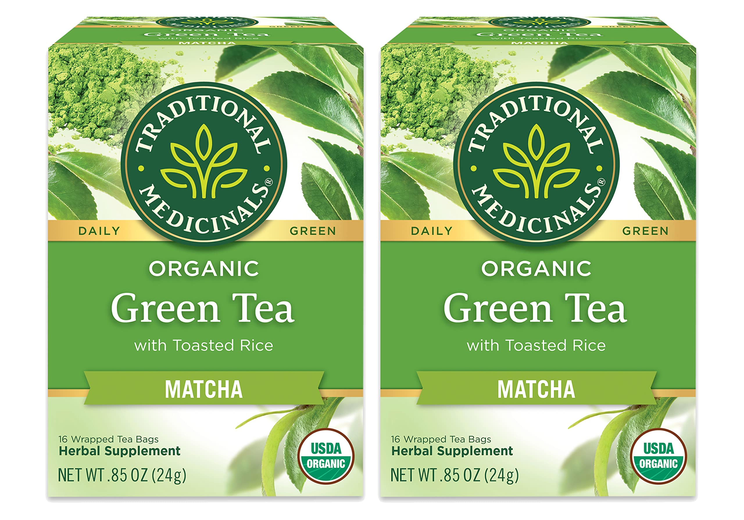 Traditional Medicinals Organic Green Tea With Toasted Rice, Matcha (Pack of 2) 32 Tea Bags Total