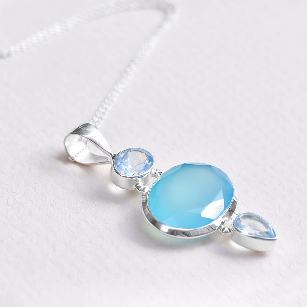 YoTreasure Blue Topaz & Chalcedony Crystal Necklace .925 Sterling Silver Chain Pendant