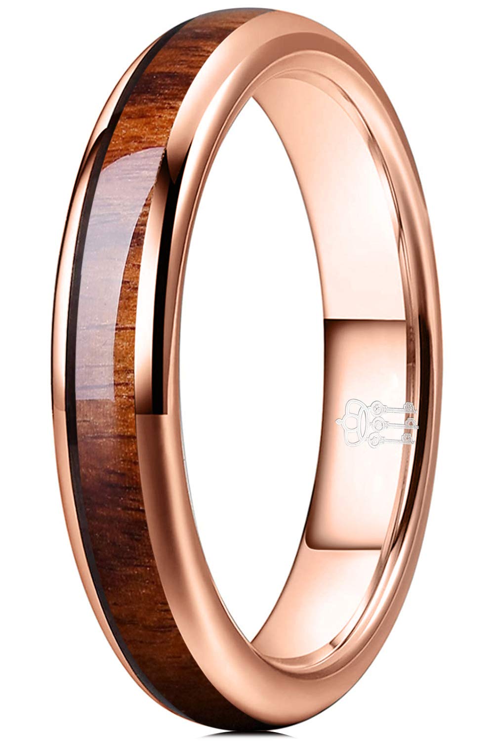 THREE KEYS JEWELRY 4mm Tungsten Carbide Wedding Ring for Women with Koa Wood Inlay Plated Rose Gold Domed Wedding Band Engagement Ring Comfort Fit Size 7
