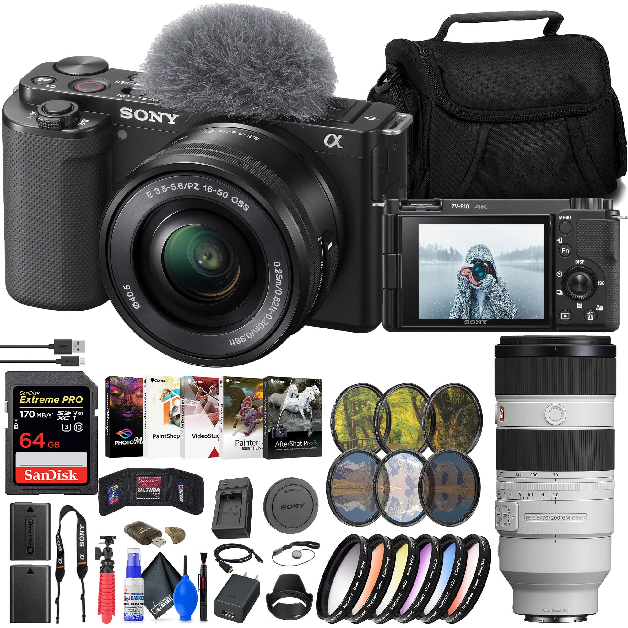 Sony ZV-E10 Mirrorless Camera with 16-50mm Lens (Black) (ILCZV-E10L/B) + Sony FE 70-200mm Lens + 64GB Card + Filter Kit + Color Filter Kit + Lens Hood + External Charger + More (Renewed)