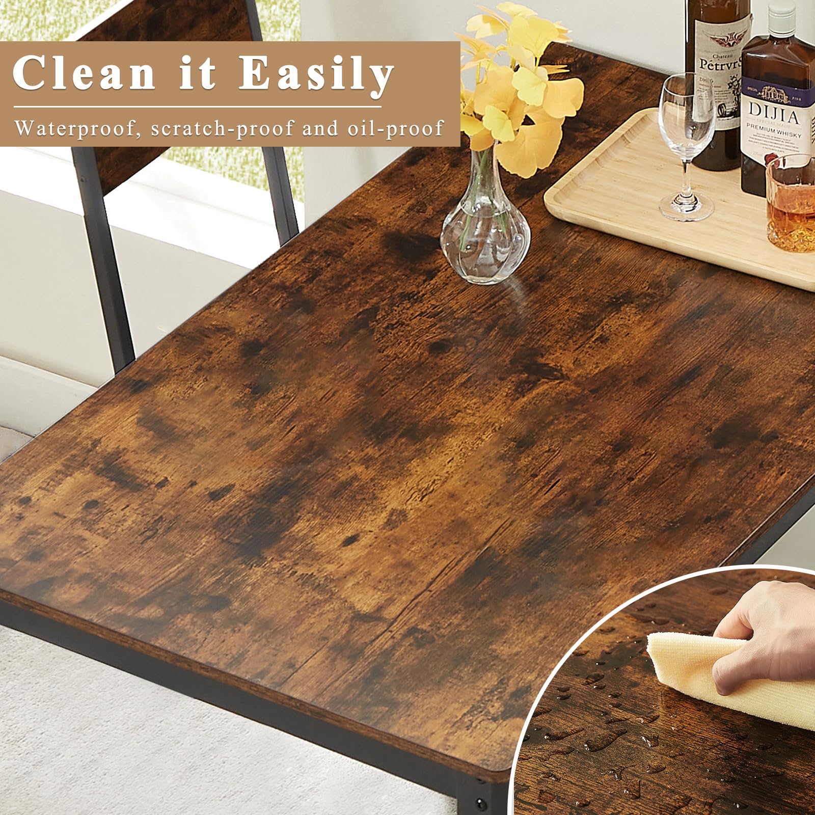 Rovibek 4 Chairs Dining Table Set for 4-8, Modern Space Saving Kitchen Desk, Wooden Industrial Style Farmhouse, 47", Leather Black Brown