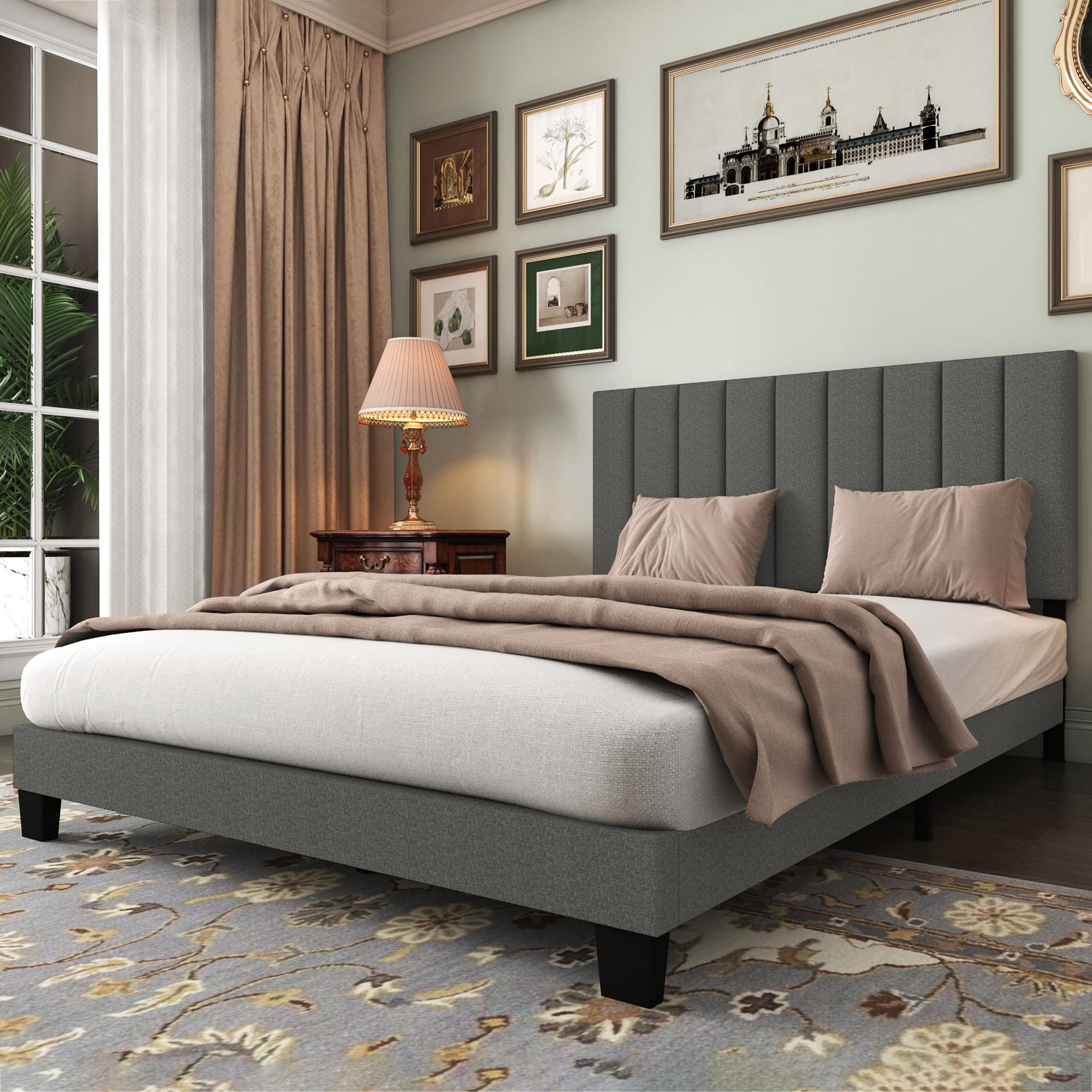 Wonder Comfort Full Size Upholstered Bed Frame with Fabric Wingback Headboard/Upholstered Platform/12 Solid Wooden Slats, Non-Slip and Noise-Free, No Box Spring Needed, Gray