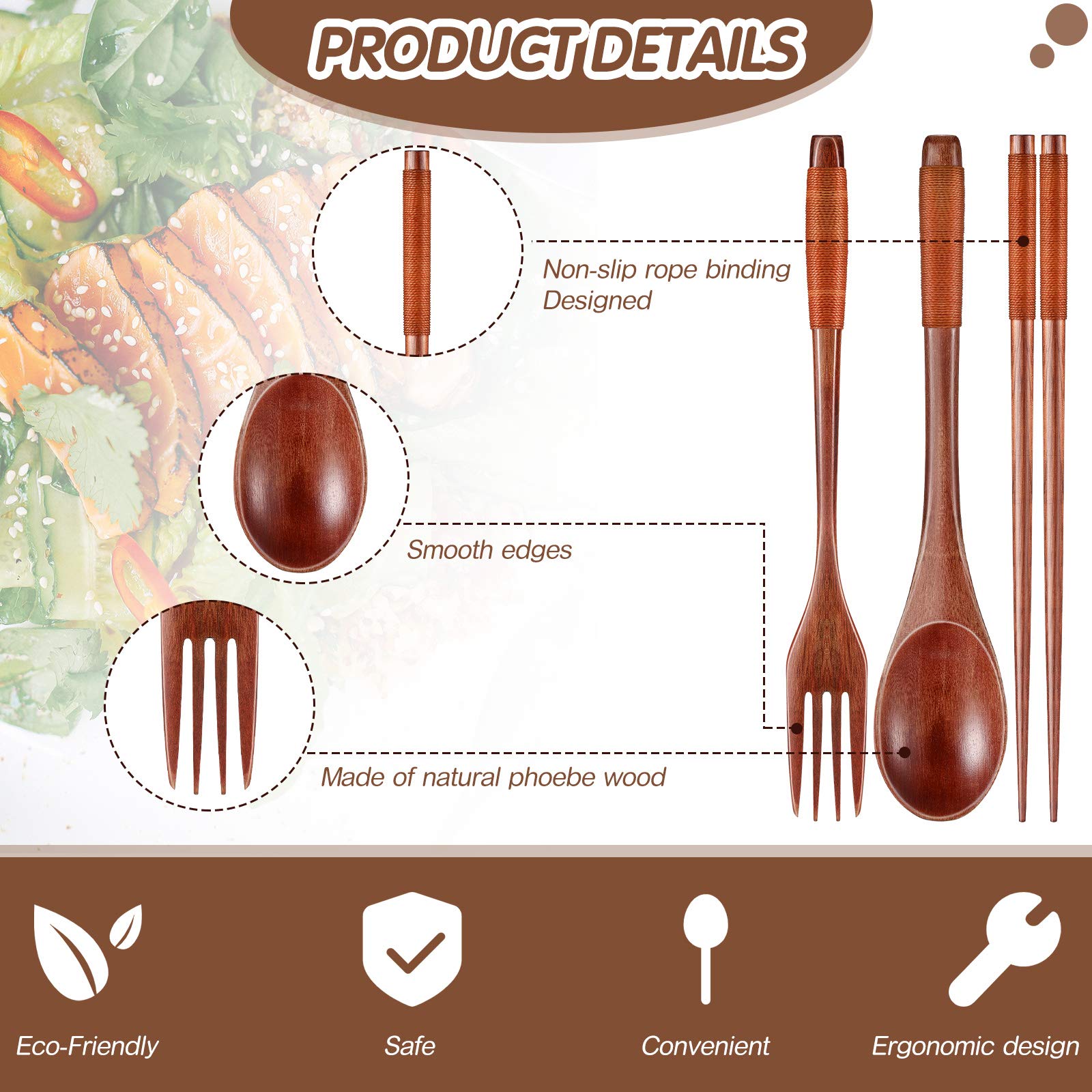 Vesici 24 Pieces Wooden Spoons Forks Chopsticks Set Wooden Flatware Tableware Cutlery Reusable Handmade Travel Flatware Set for Cooking Stirring Eating Mixing