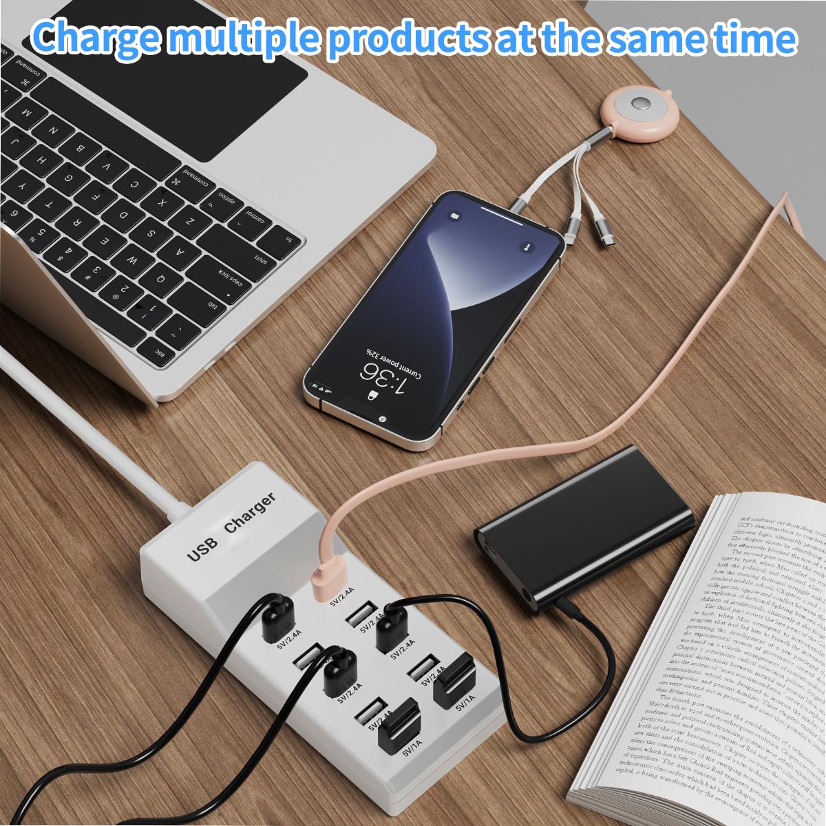 USB Charging Station-10 Ports USB Charger Dock, USB Multiple Port Charger,70.8 Inch Extension Cord,Suitable for Various Devices Mobile Phones, Cameras, Bluetooth Headsets(2PC)