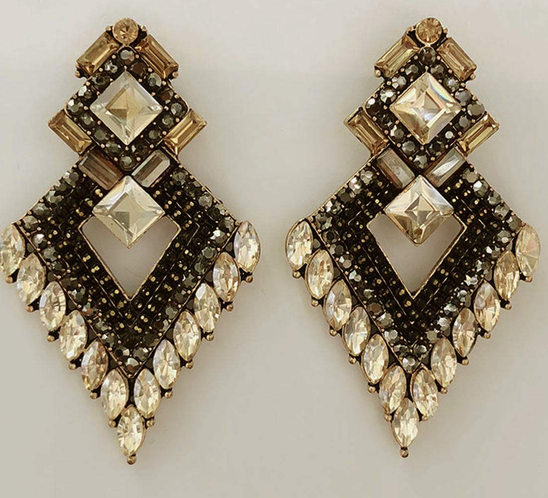 Very Large Art Deco Antique Vintage Retro Style Yellow Amber Gold Citrine Bridal Bridesmaid Wedding Prom Pageant Statement Cluster Earrings