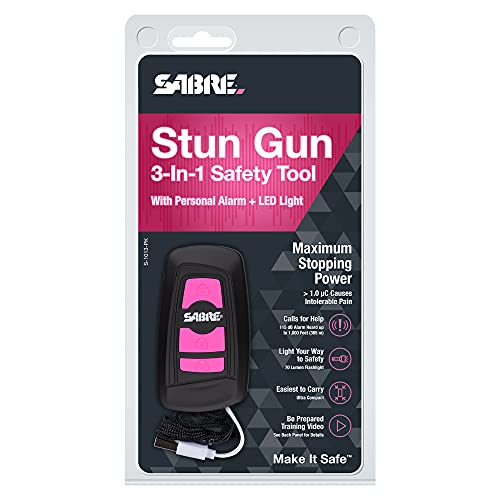 SABRE Compact Stun Gun, Flashlight & Personal Alarm –Rechargeable 3-in-1 Personal Safety Tool w/ Wrist Strap for Quick Access, Pink Stun Gun