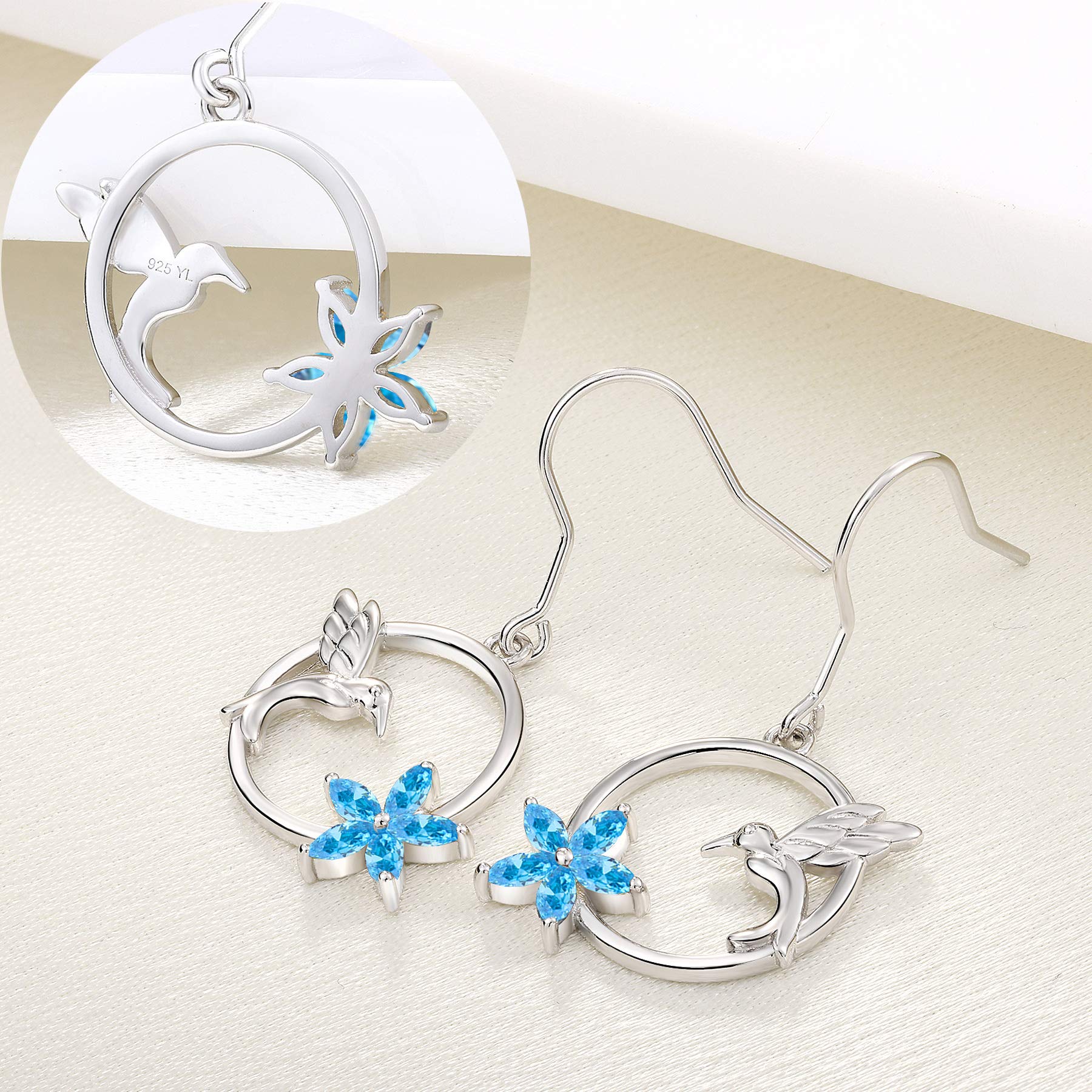YL Hummingbird Hook Earrings Sterling Silver Flowers Dangle Drop Earrings Created Aquamarine Jewelry Women