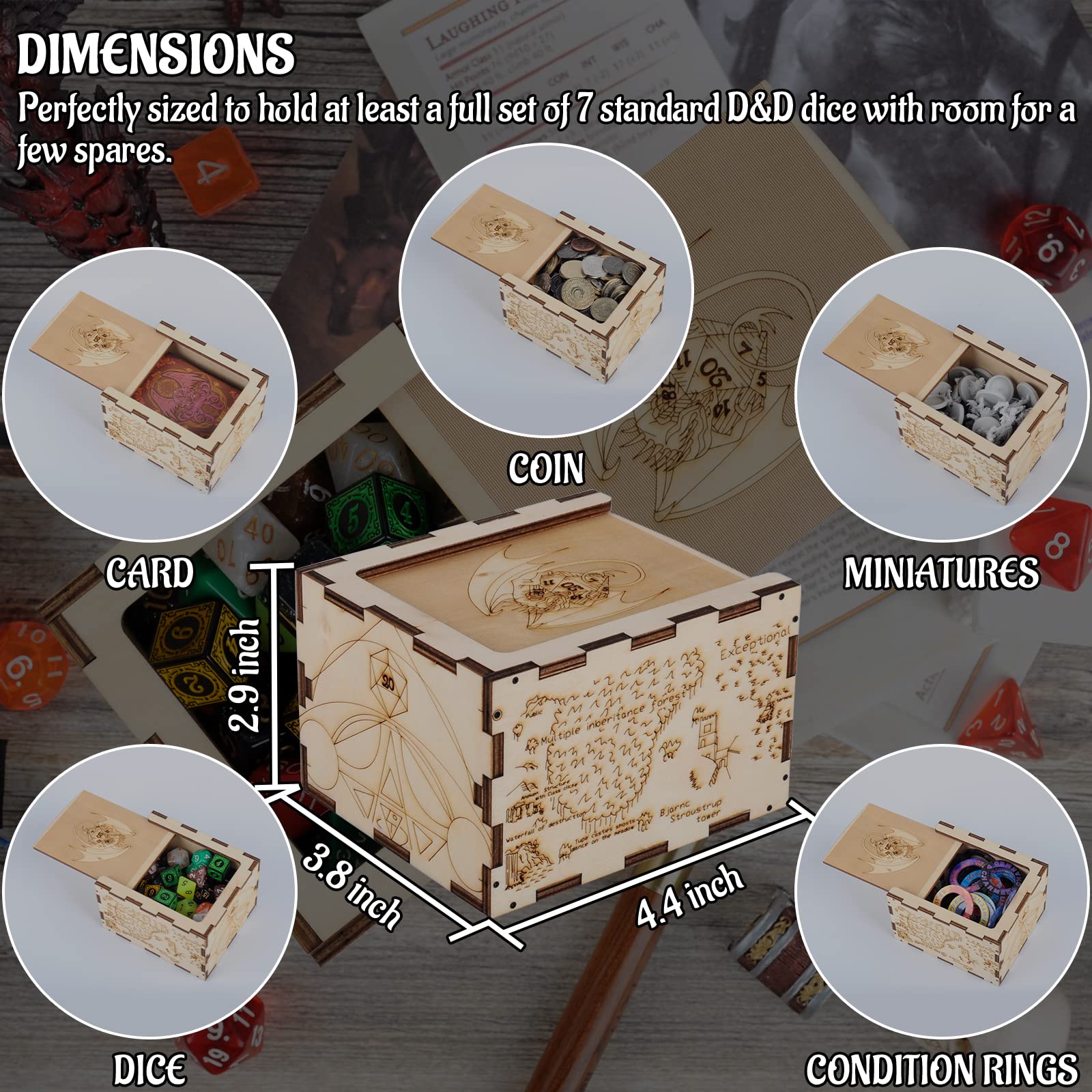 Wood Dice Case DIY Puzzle Storage Box Carved with Dragon & D20 Perfect for RPG, DND, Board or Card Games