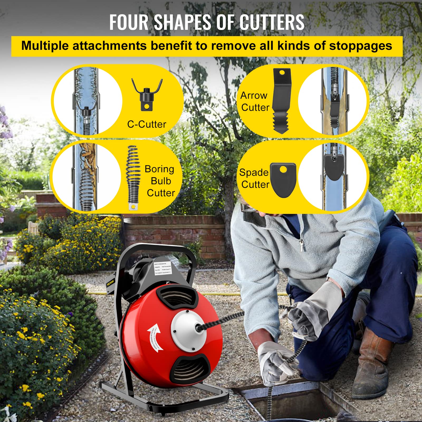VEVOR Drain Cleaner Machine 50FTx1/2Inch, Sewer Snake Machine with 4 Cutter & Foot Switch, Electric Drain Auger for 2" to 4" Pipesā¦
