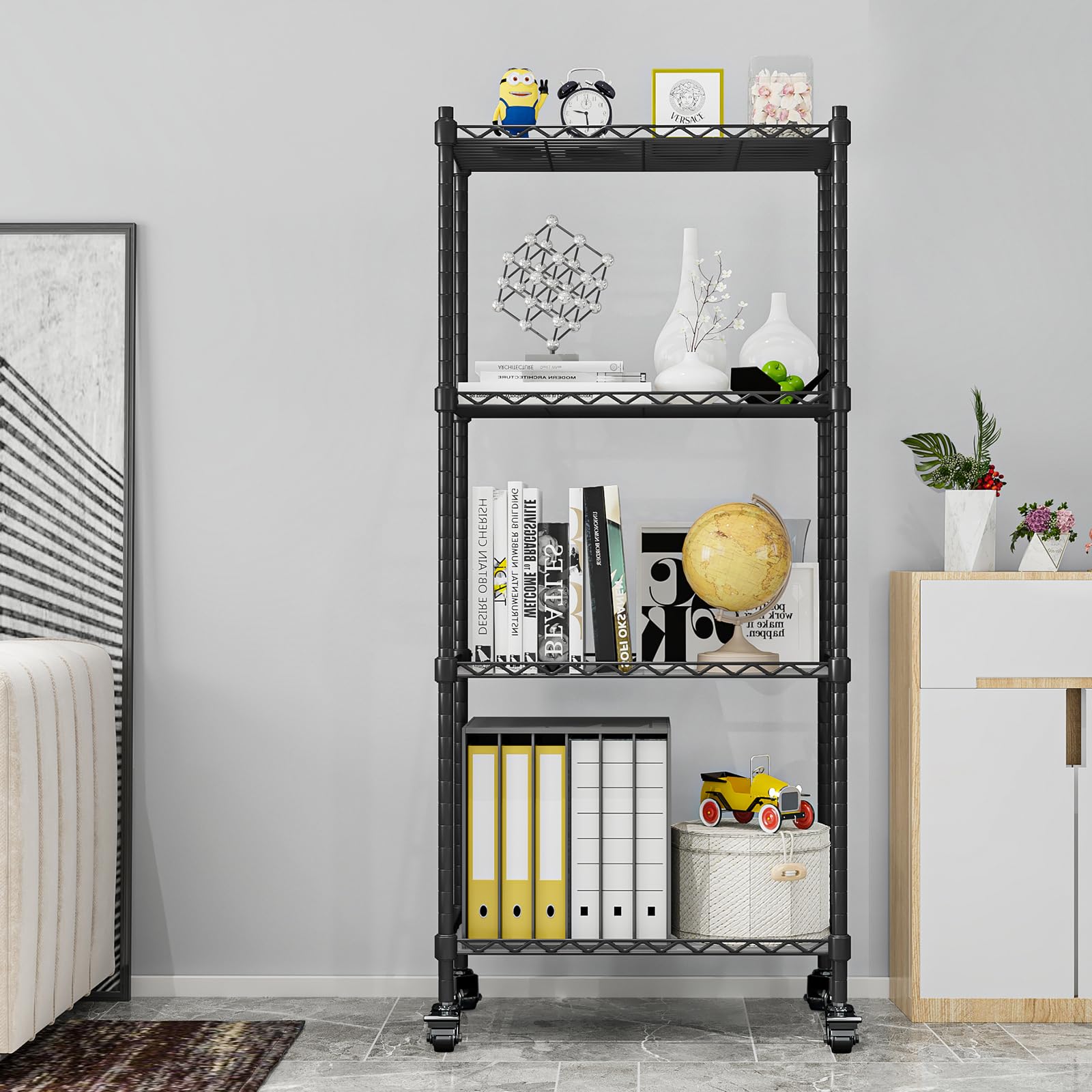 SORCEDAS Shelves 4 Tier Adjustable Utility Metal Storage Wire Rack Unit for Home Kitchen Garage Bathroom Office Indoor Black (Black, 4 Tier-with Wheel)