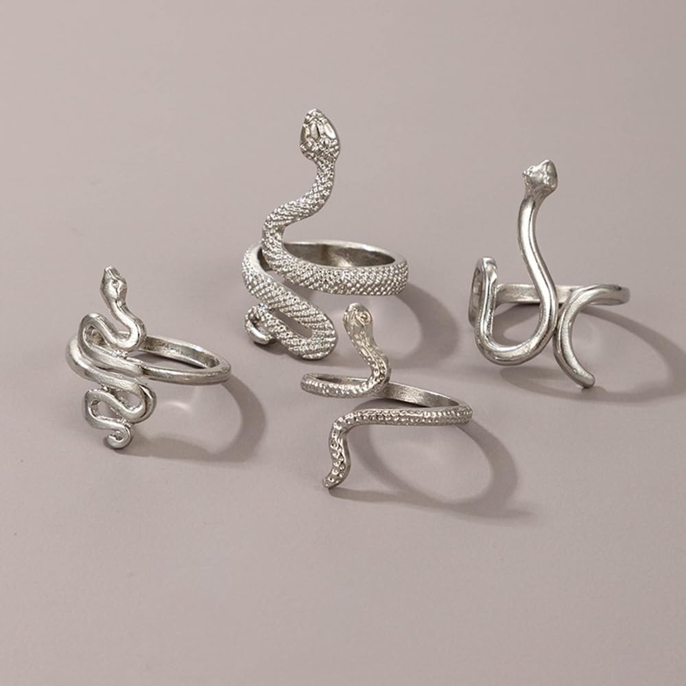 Wekicici 4pcs Snake Rings Set Boho Adjustable Open Stackable Ring Vintage Silver Knuckle Trendy Rings Sets for Women Girls Teens(Silver)