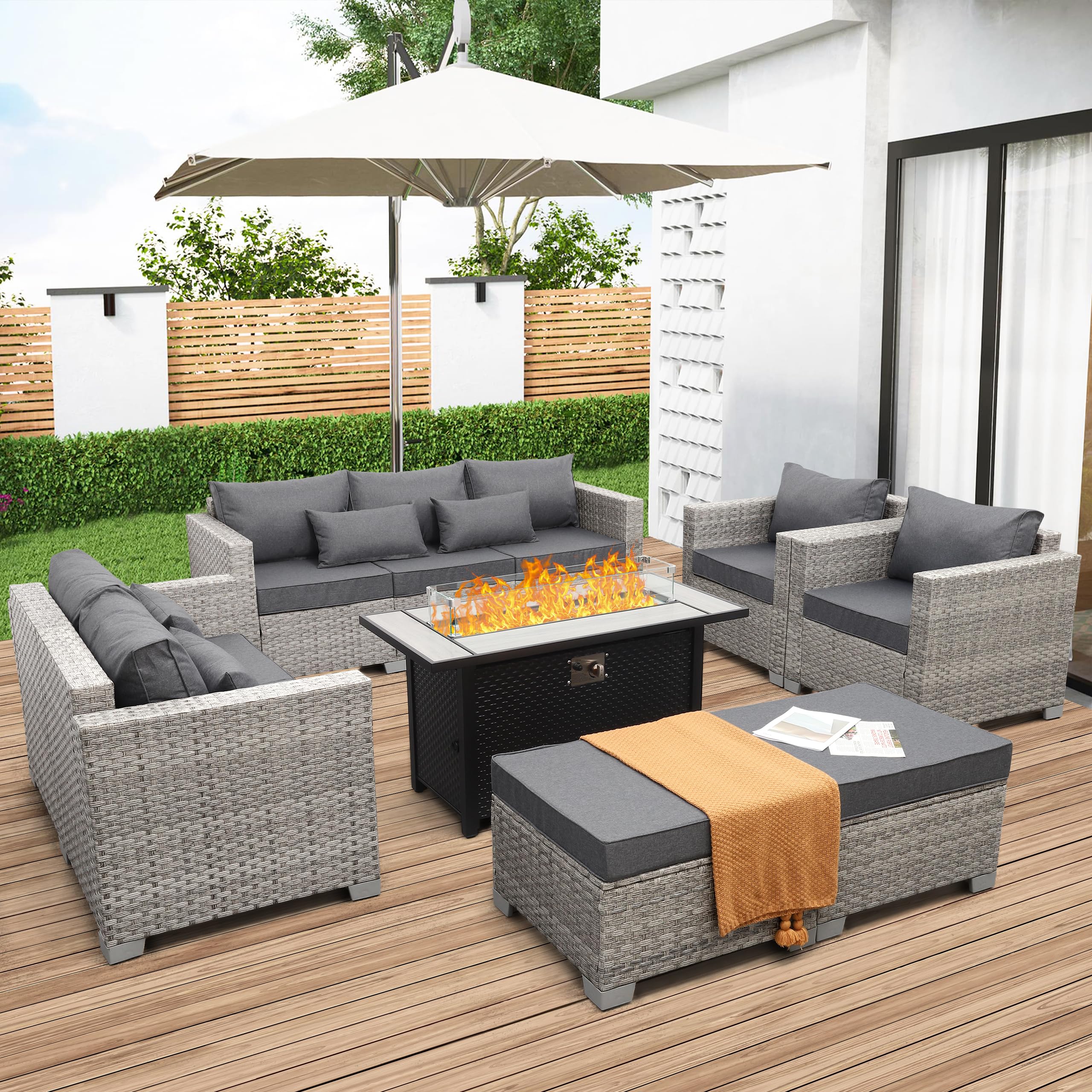 WAROOM Patio Furniture Set Gray Rattan 7 Pieces Outdoor Sectional Sofa PE Wicker Conversation Chairs with Storage Table and Non-Slip Thick Grey Cushion
