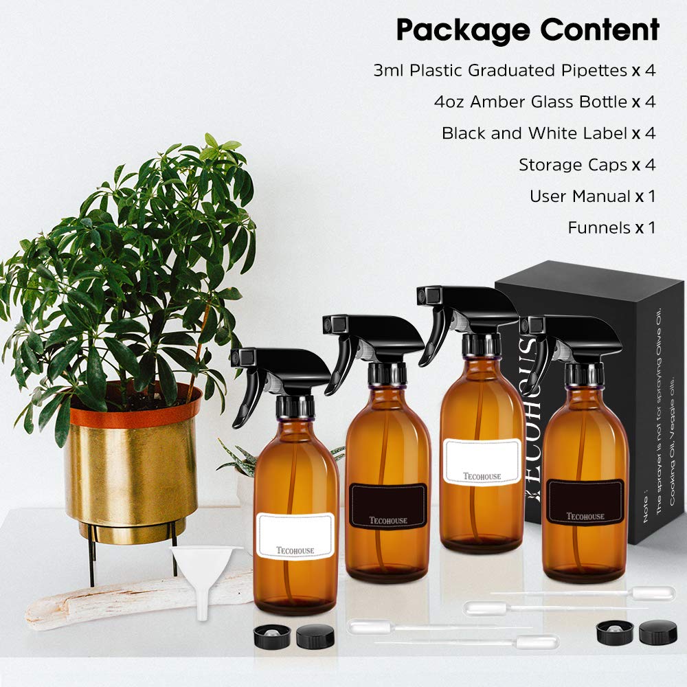 TECOHOUSE Glass Spray Bottle for Cleaning Solutions and Essential Oils, 4 oz Empty Refillable Sprayer Container with Labels, Funnel, Lids, Graduated Pipettes - Pocket Size 4 Pack (Amber)