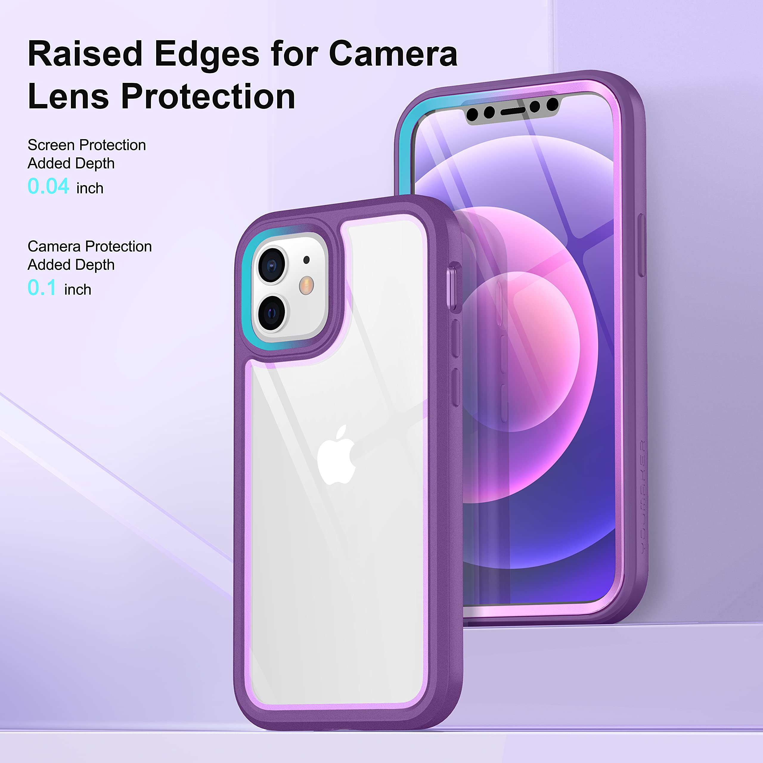 YOUMAKER [2021 Upgraded] Aegis Series for iPhone 12 Case & iPhone 12 Pro Case, Full-Body with Built-in Screen Protector Rugged Clear Case for iPhone 12/12 Pro Case 6.1 Inch - Purple