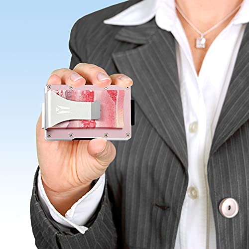 Yeacun Minimalist Women Man Aluminum Metal RFID Blocking Anti-theft Wallet, Pink Pull-out Design Convenient Credit Card Holder